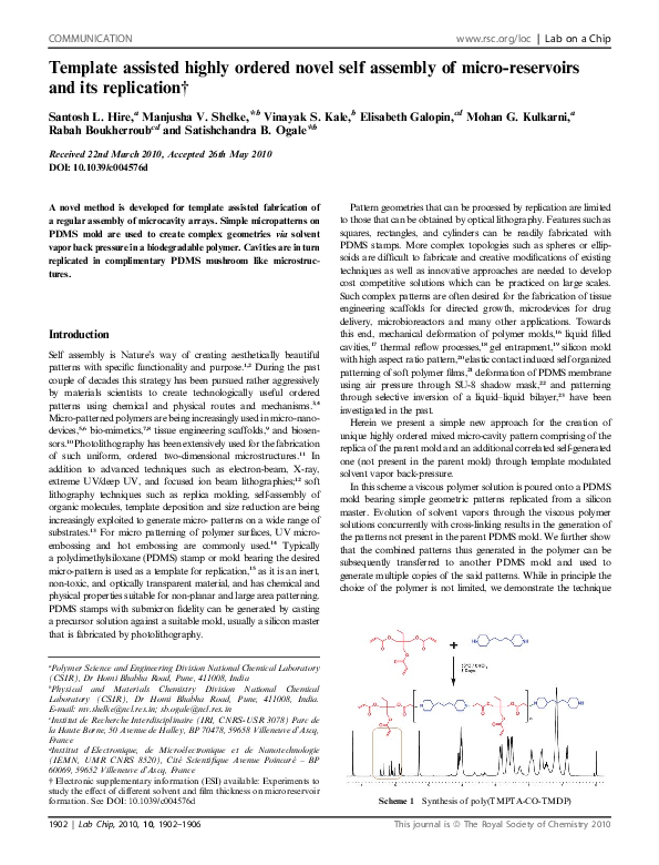 (PDF) Template assisted highly ordered novel self assembly of micro ...