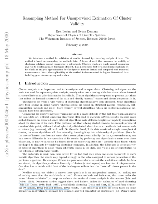 (PDF) Resampling method for unsupervised estimation of cluster validity