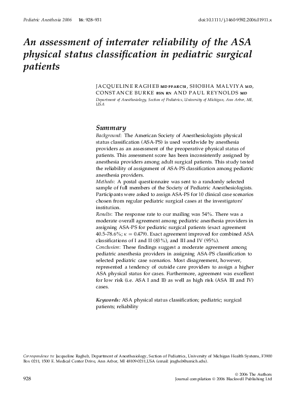 (PDF) An assessment of interrater reliability of the ASA physical ...