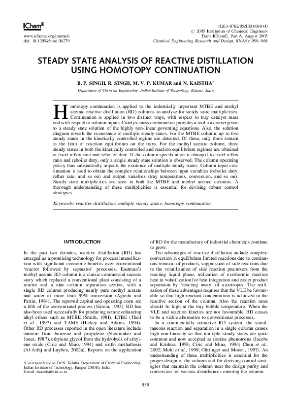 Pdf Steady State Analysis Of Reactive Distillation Using Homotopy Continuation