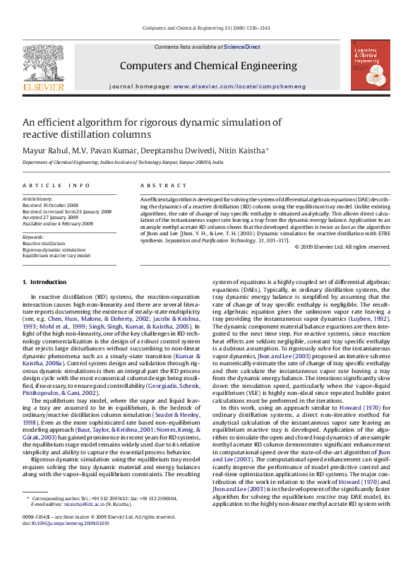 Pdf An Efficient Algorithm For Rigorous Dynamic Simulation Of Reactive Distillation Columns 3677