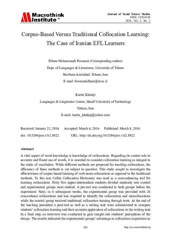 Pdf Corpus Based Versus Traditional Collocation Learning The Case Of Iranian Efl Learners