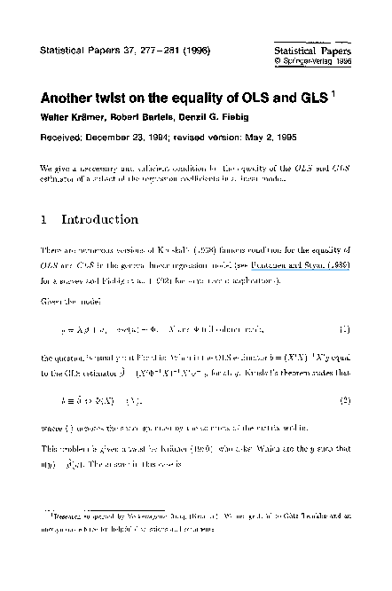 (PDF) Another twist on the equality of OLS and GLS