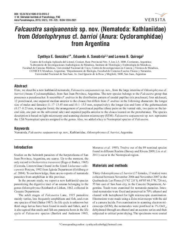 (PDF) Falcaustra sanjuanensis sp. nov.(Nematoda: Kathlaniidae) from ...