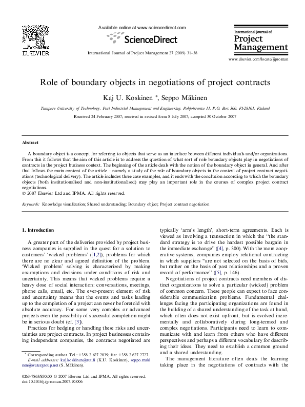 (PDF) Role of boundary objects in negotiations of project contracts