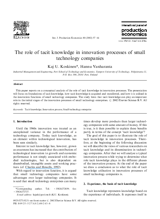 (PDF) The role of tacit knowledge in innovation processes of small technology companies