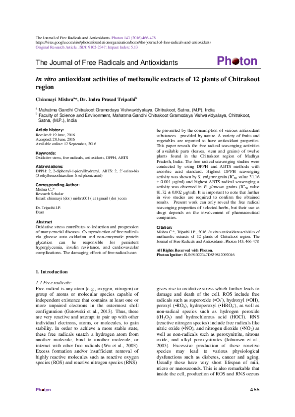 (PDF) Ph ton In vitro antioxidant activities of methanolic extracts of 12 plants of Chitrakoot ...