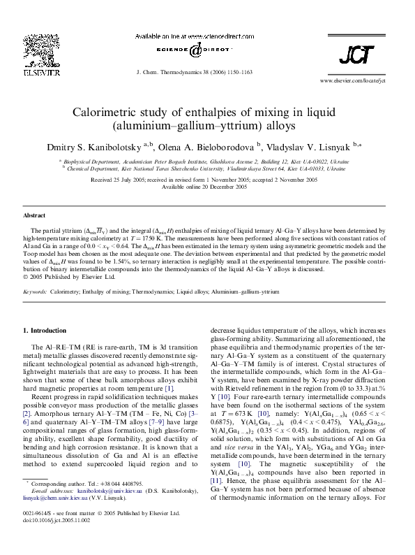 (PDF) Calorimetric study of enthalpies of mixing in liquid (aluminium ...