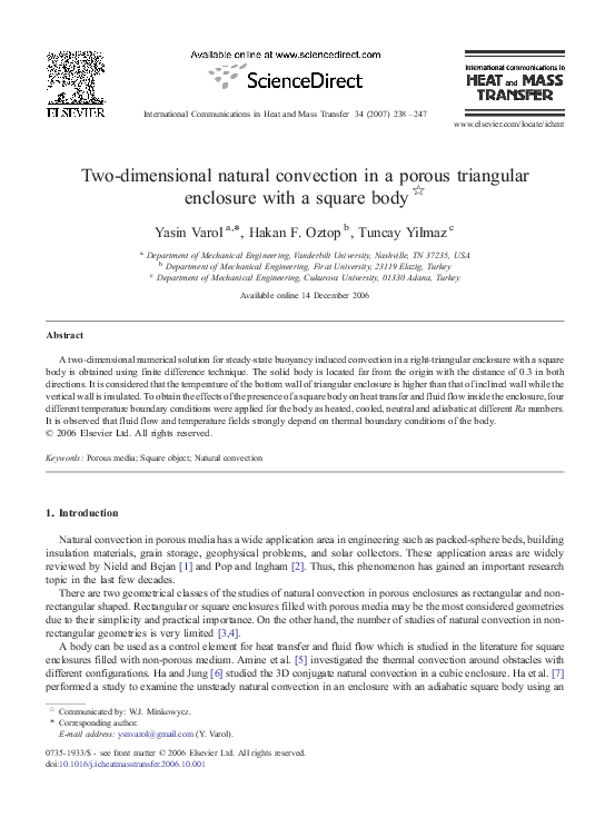Pdf Two Dimensional Natural Convection In A Porous Triangular