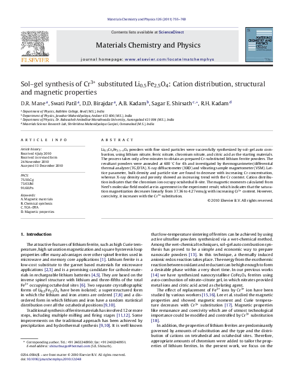 (PDF) Sol–gel synthesis of Cr 3+ substituted Li 0.5Fe 2.5O 4: Cation distribution, structural ...