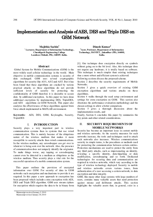 (PDF) Implementation and Analysis of AES, DES and Triple DES on GSM Network