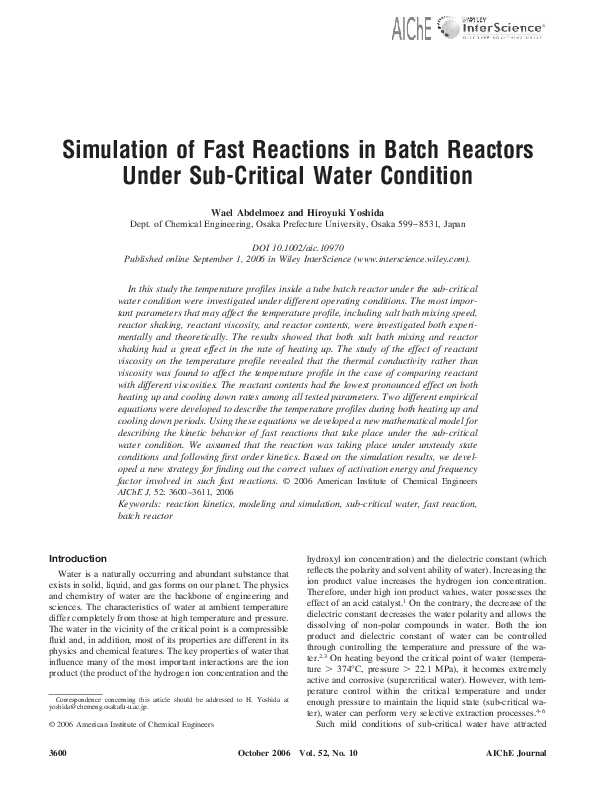 (PDF) Simulation of fast reactions in batch reactors under sub-critical water condition