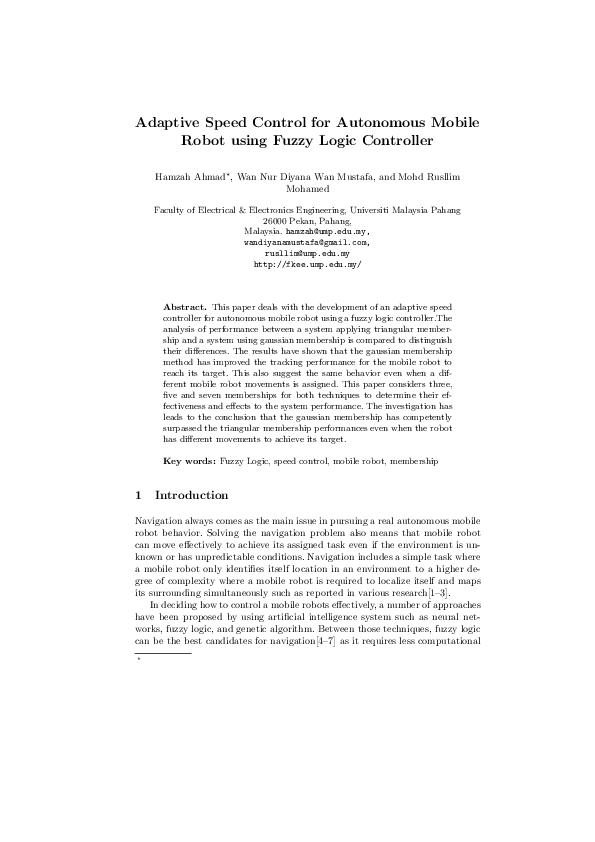 Pdf Adaptive Speed Control For Autonomous Mobile Robot Using Fuzzy Logic Controller