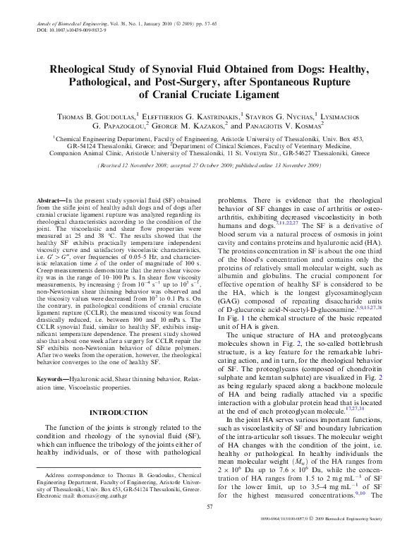 (PDF) Rheological Study of Synovial Fluid Obtained from Dogs: Healthy ...