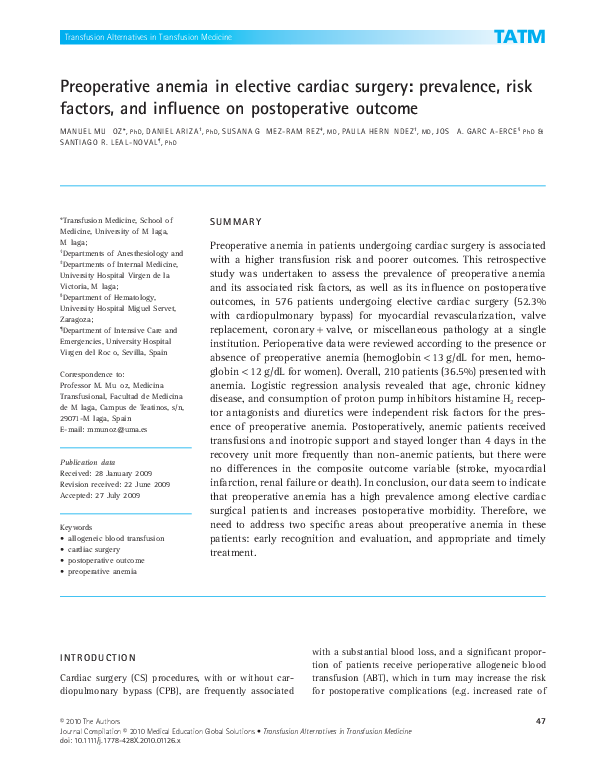 (PDF) Preoperative anemia in elective cardiac surgery: prevalence, risk ...