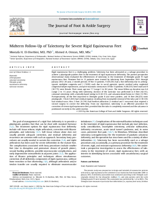 (PDF) Midterm Follow-Up of Talectomy for Severe Rigid Equinovarus Feet