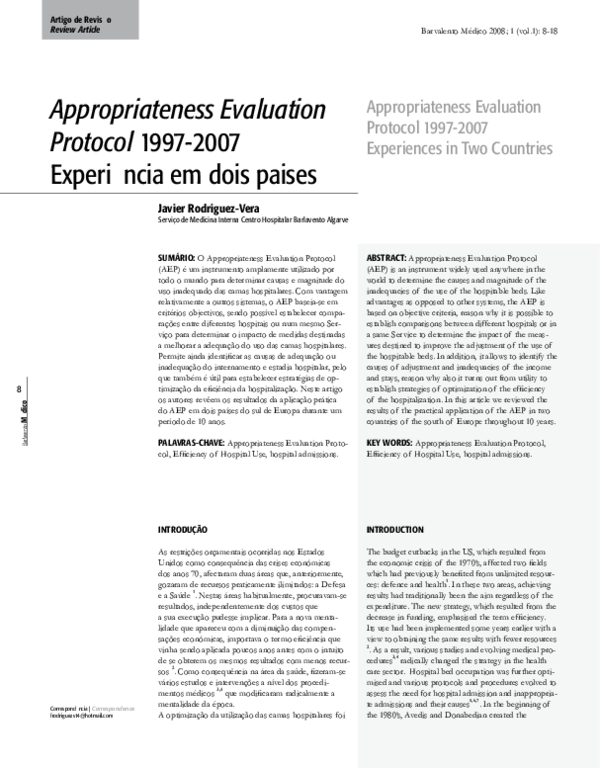 (PDF) Appropriateness Evaluation Protocol 1997-2007 Experiência em dois ...