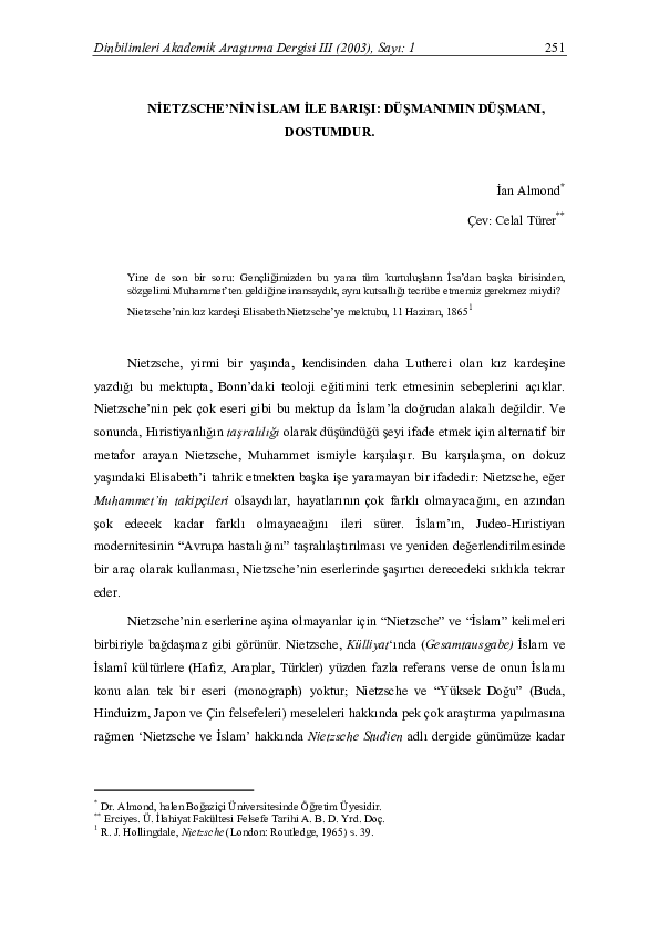 (PDF) Turkish translation of Nietzsche essay NİETZSCHE’NİN İSLAM İLE ...