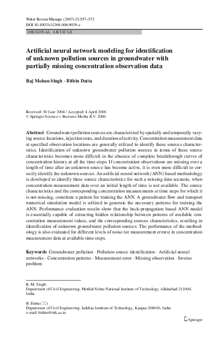 Pdf Artificial Neural Network Modeling For Identification Of Unknown Pollution Sources In