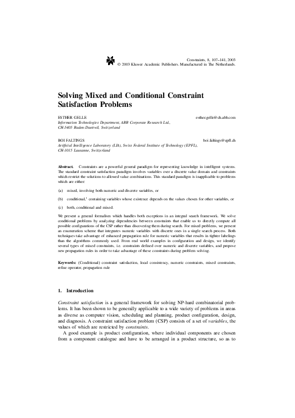 Pdf Solving Mixed And Conditional Constraint Satisfaction Problems