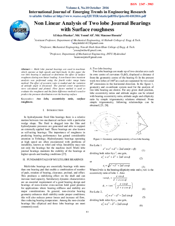 (PDF) Non Linear Analysis of Two lobe Journal Bearings with Surface ...