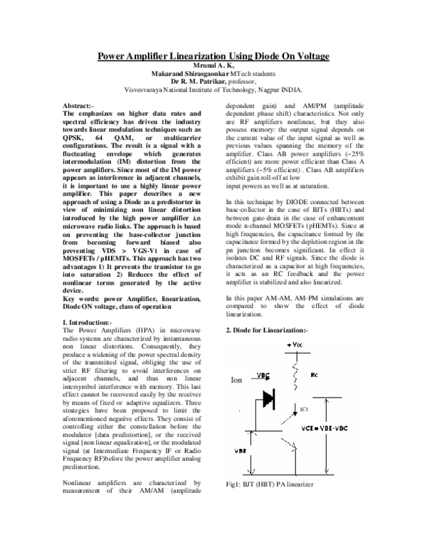 (PDF) Power Amplifier Linearization Using Diode On Voltage