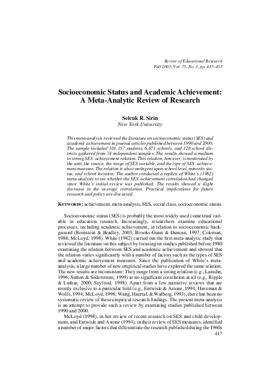 (PDF) Socioeconomic status and academic achievement: A meta-analytic ...