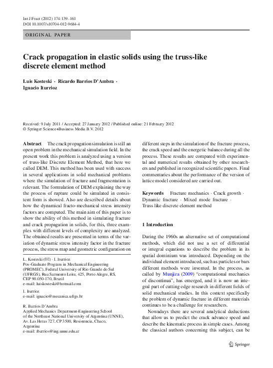 (PDF) Crack propagation in elastic solids using the truss-like discrete element method