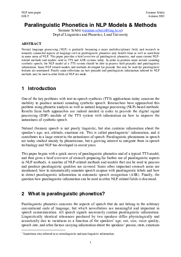 (PDF) Paralinguistic Phonetics in NLP Models & Methods