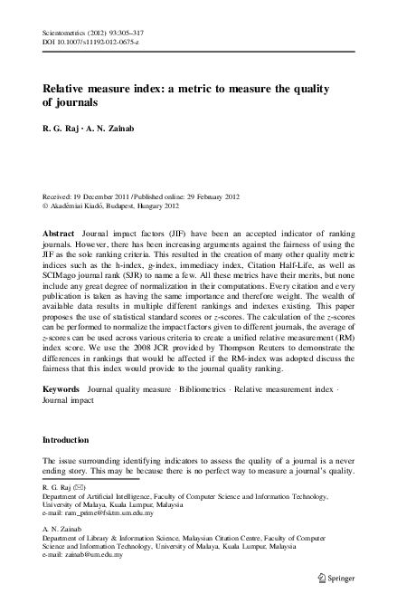 (PDF) Relative measure index: a metric to measure the quality of journals