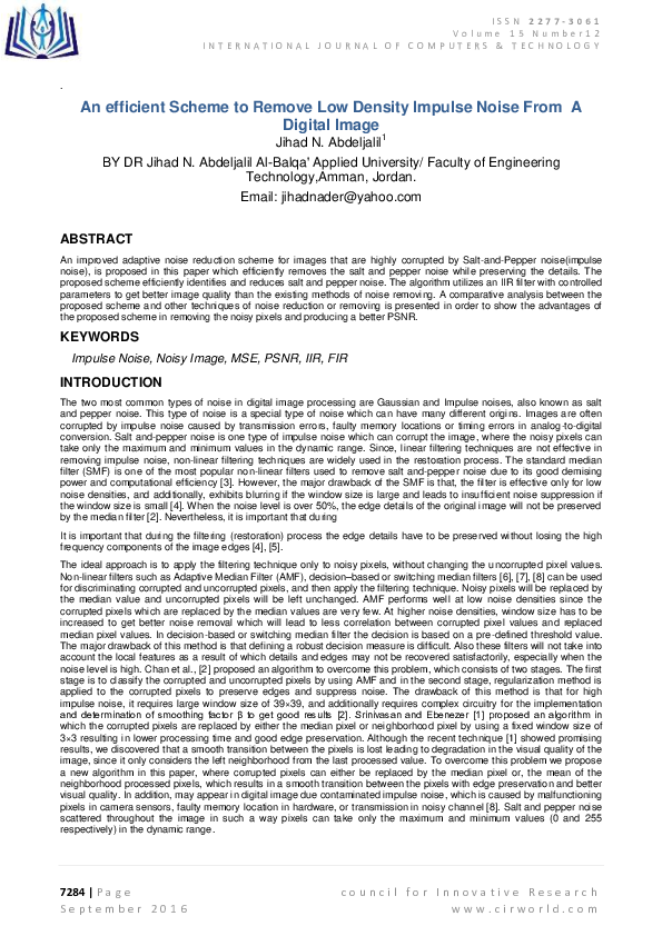 (PDF) An efficient Scheme to Remove Low Density Impulse Noise From A Digital Image