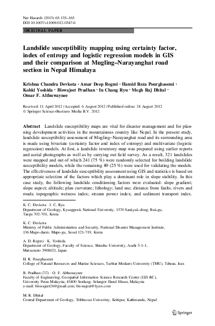 (PDF) Landslide susceptibility mapping using certainty factor, index of entropy and logistic ...