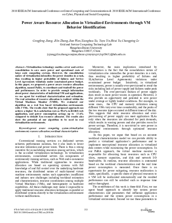 Pdf Power Aware Resource Allocation In Virtualized Environments Through Vm Behavior Identification