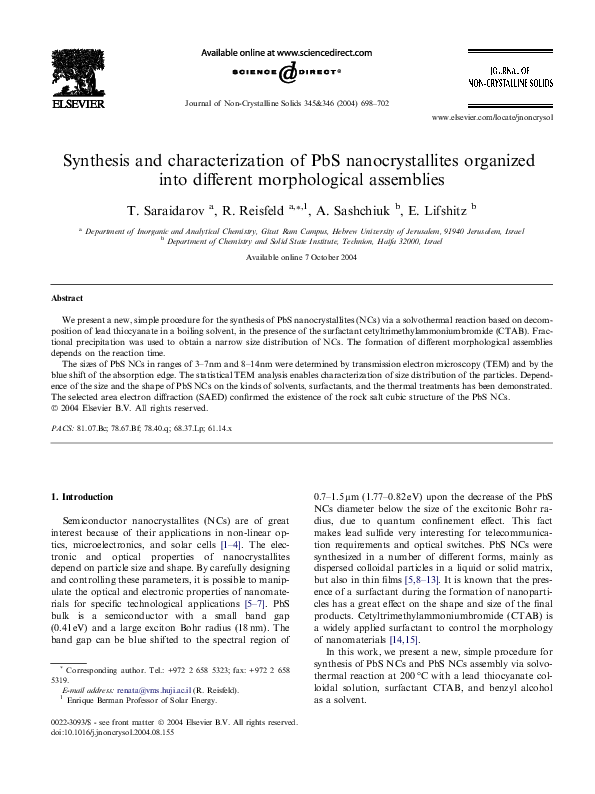 (PDF) Synthesis and characterization of PbS nanocrystals in water/C12E9/cyclohexane microemulsions