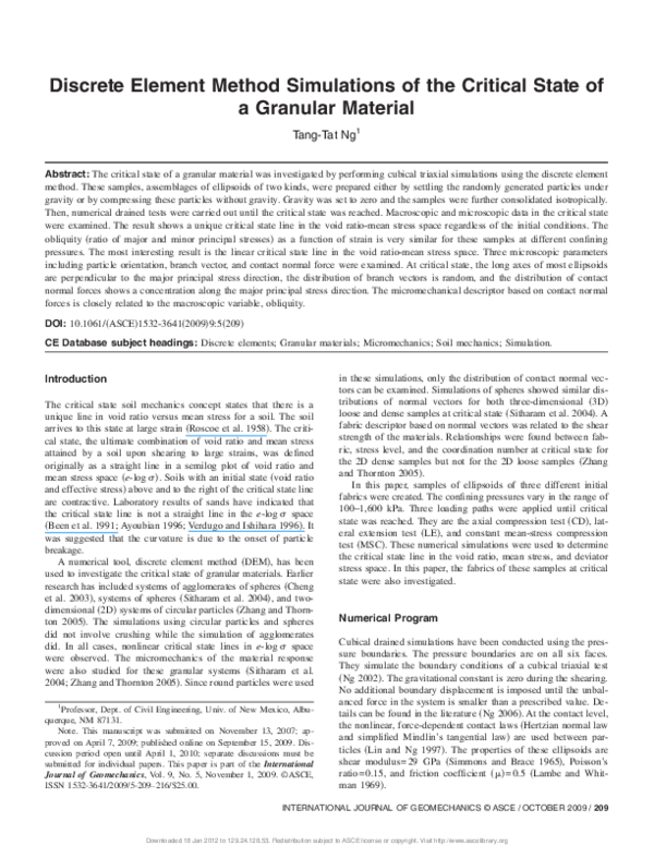 Pdf Discrete Element Method Simulations Of The Critical State Of A Granular Material