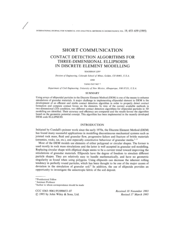 Pdf Contact Detection Algorithms For Three Dimensional Ellipsoids In