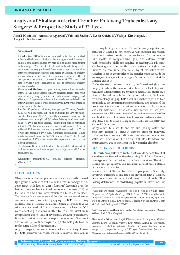 (PDF) Analysis of Shallow Anterior Chamber Following Trabeculectomy ...