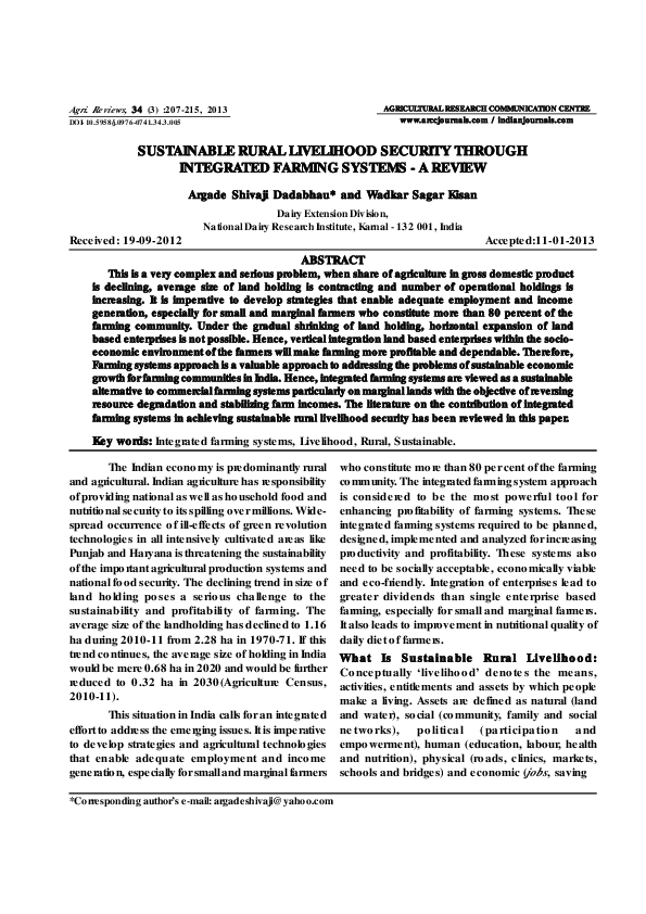 (PDF) SUSTAINABLE RURAL LIVELIHOOD SECURITY THROUGH INTEGRATED FARMING ...