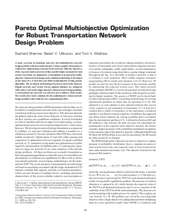 (PDF) Pareto Optimal Multiobjective Optimization for Robust Transportation Network Design Problem