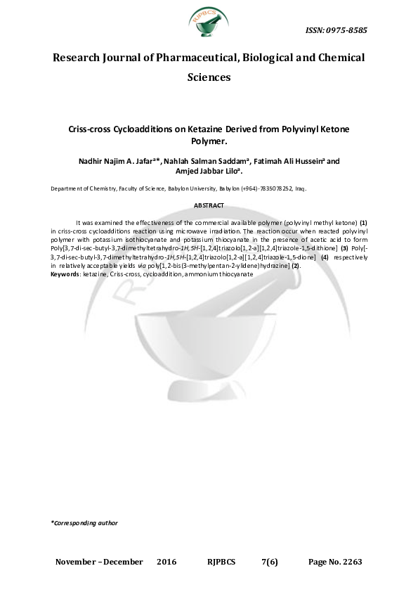 (PDF) Criss-cross Cycloadditions on Ketazine Derived from Polyvinyl ...