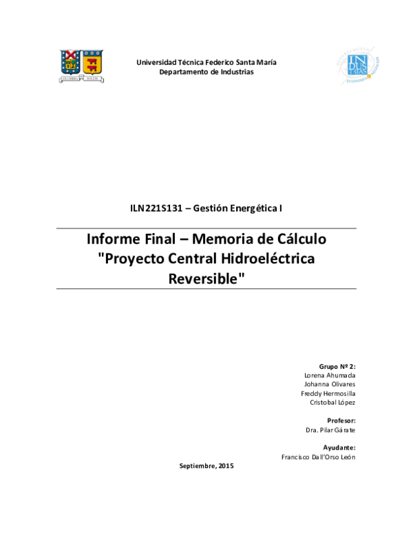 (PDF) Informe Final – Memoria de Cálculo "Proyecto Central Hidroeléctrica Reversible" Grupo Nº 2