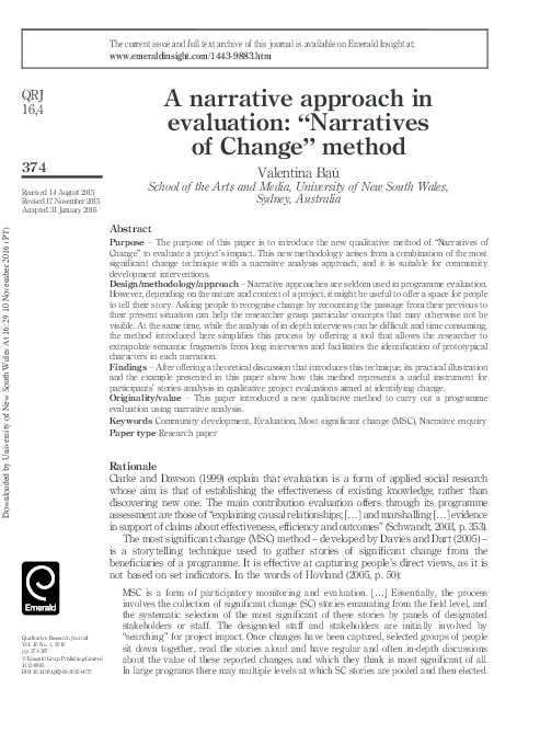 (PDF) A Narrative Approach in Evaluation:“Narratives of Change” method