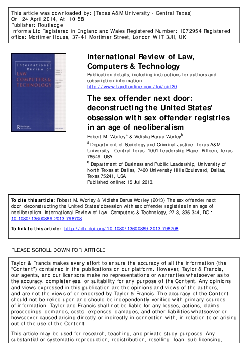 Pdf The Sex Offender Next Door Deconstructing The United States Obsession With Sex Offender