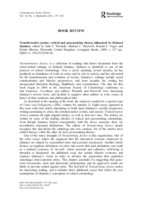 (PDF) Transformative justice: critical and peacemaking themes ...