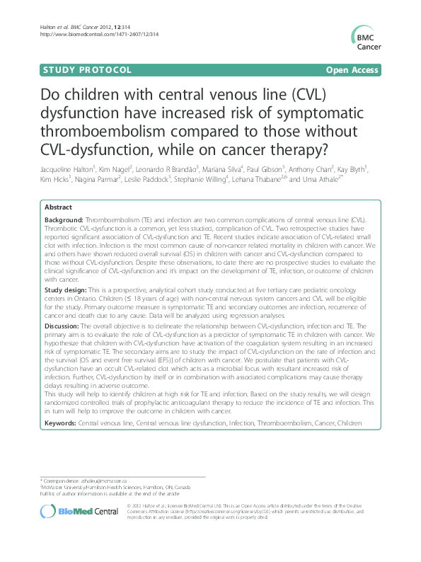 (PDF) Do children with central venous line (CVL) dysfunction have ...