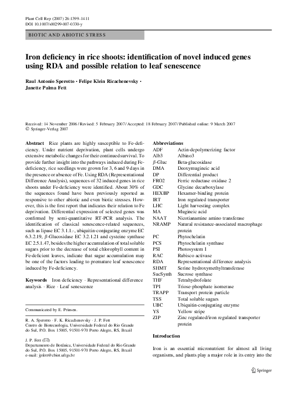 (PDF) Iron deficiency in rice shoots: identification of novel induced ...