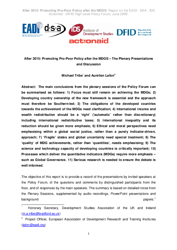 (PDF) After 2015: Promoting Pro-Poor Policy after the MDGS - The ...