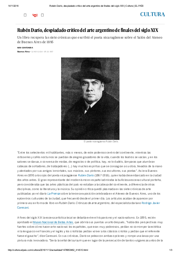 (PDF) Reseña, por Mar Centenera. Rubén Darío, Crónicas de arte argentino