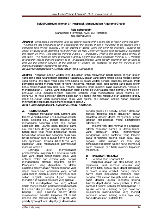 (PDF) Solusi Optimum Minmax 0/1 Knapsack Menggunakan Algoritma Greedy
