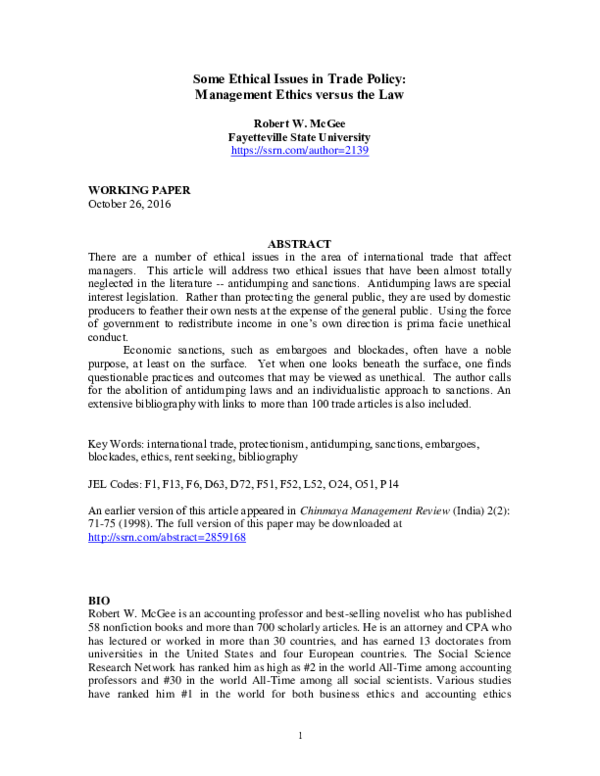 (PDF) Some Ethical Issues in Trade Policy: Management Ethics versus the Law
